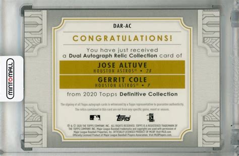 ミントモール Mint 浦和店 2020 Topps Definitive Collection Houston Astros Gerrit Cole Jose Altuve Dual