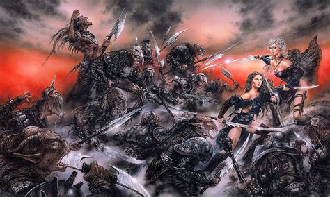 Luis Royo Original Highres Traditional Media 2girls 6 Others Armor Axe Bare Shoulders