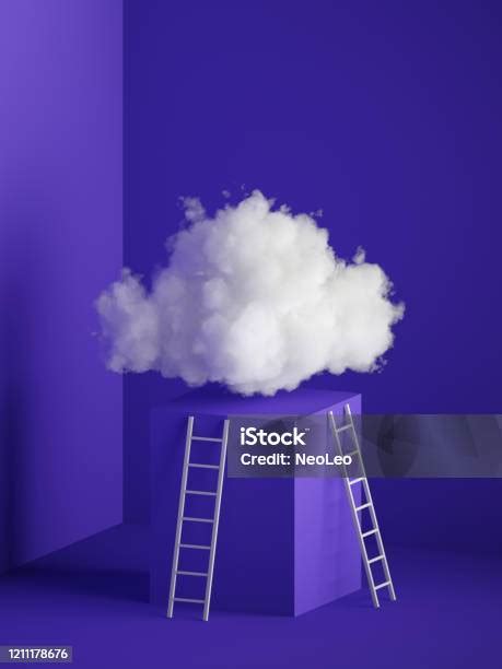 Render 3d Awan Putih Melayang Di Atas Alas Kubus Podium Persegi Tangga