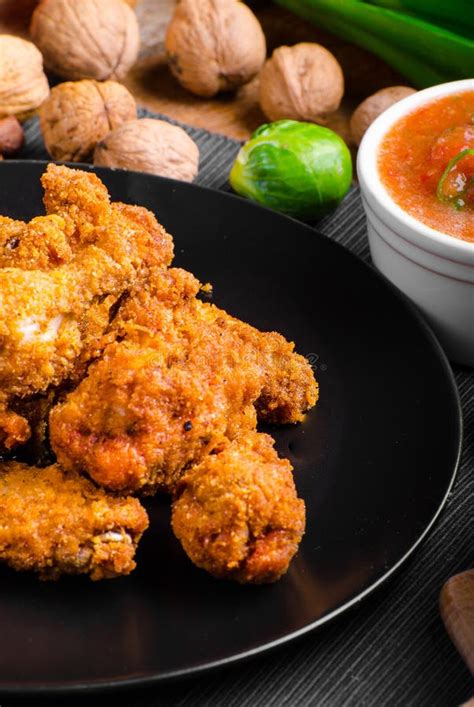 Spicy Breaded Chicken Wings With Homemade Bread Stock Image Image Of