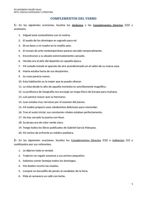 Actividades Complementos Del Verbo Pdf