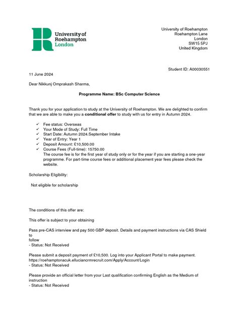 Uor Conditional Offer Letter Tuition Fee Pdf