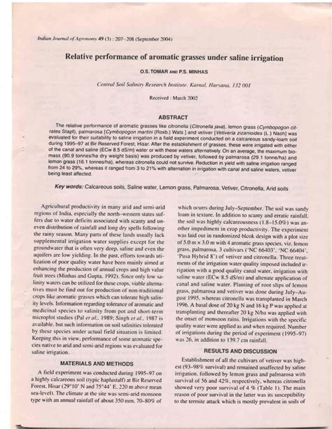 Pdf Relative Performance Of Aromatic Grasses Under Saline Irrigation