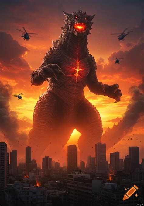 A Giant Glowing Red Kaiju Monster Stands Over A Burning City At Sunset