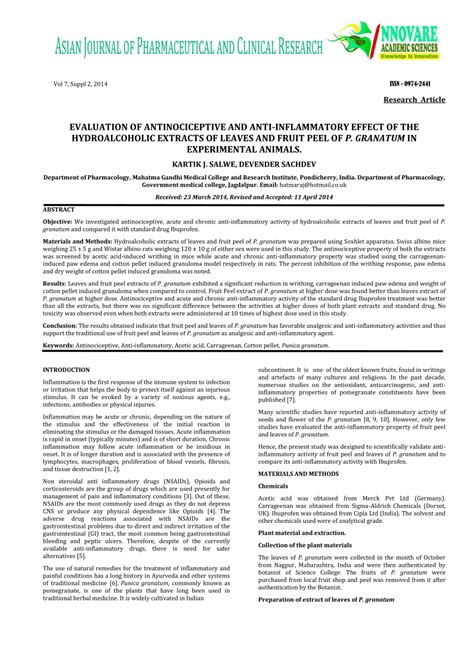 Pdf Evaluation Of Antinociceptive And Anti Inflammatory Effect Of The Hydroalcoholic Extracts