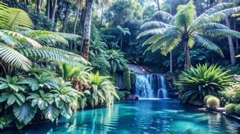 Lush Tropical Waterfall Cascading Into A Serene Lagoon Premium Ai