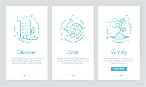 음식과 조리법 개념 탑재 된 응용 프로그램 스크린입니다 모바일 애플 리 케이 션에 대 한 현대적이 고 간단한 벡터 일러스트 레이 션 연습 화면 템플릿 아이콘에 대한 스톡