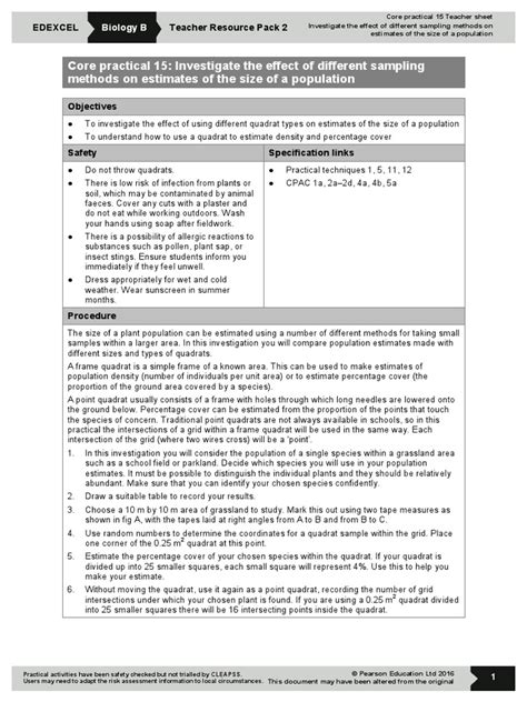 As And A Level Biology B Core Practical 15 Sampling Methods Student