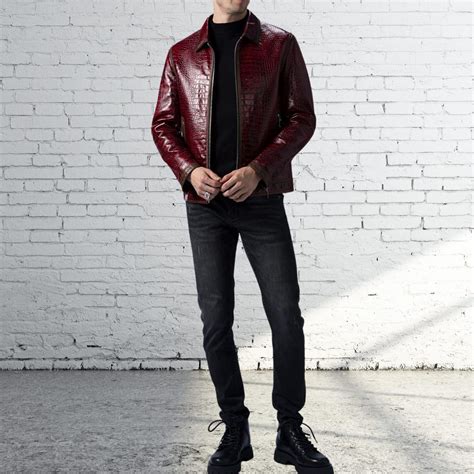 Mens Dark Red Croc Embossed Effect Slim Fit Motorcycle Biker Leather