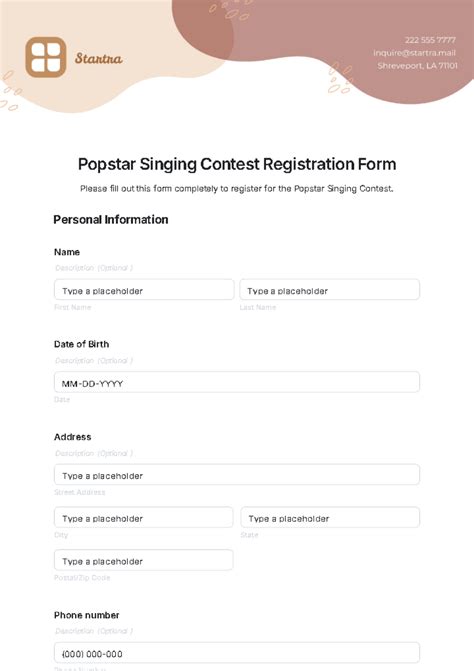 Free Popstar Singing Contest Registration Form Template To Edit Online