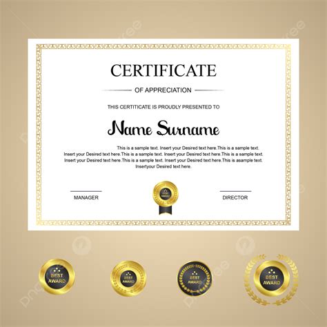 Vector Certificate Of Achievement Frame Template With Golden Badges