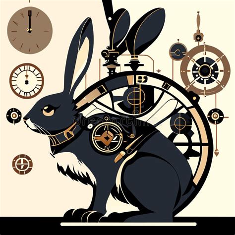 Rabbit With Clock And Compass Vector Illustration In Retro Style Stock