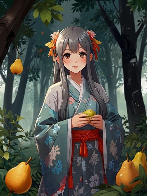 A Girl In A Kimono Under A Tree With A Bunch Of Pears Premium Ai Generated Image