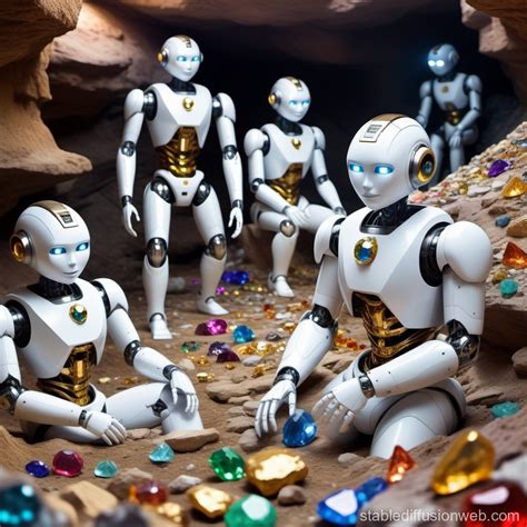 Lots Of White Human Robots Mining Gold And Colourful Gems In A Mine