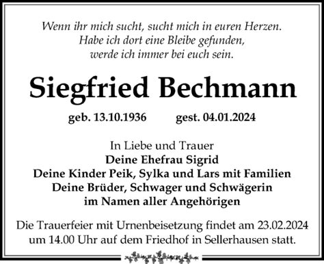 Traueranzeigen Von Siegfried Bechmann Trauer Anzeigen De