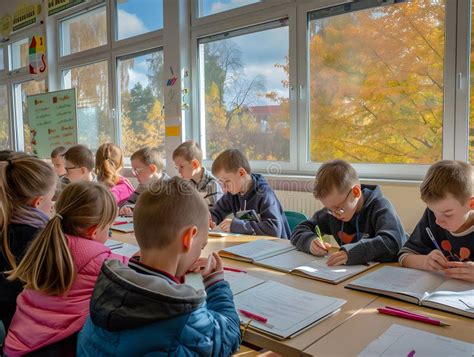 In Elementary School Classroom Brilliant Students Writing In Exercise