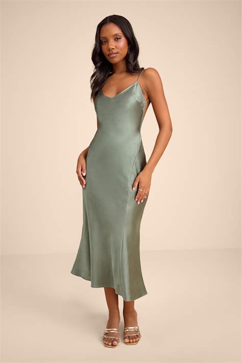 Sage Satin Slip Dress Satin Midi Dress Backless Slip Dress Lulus