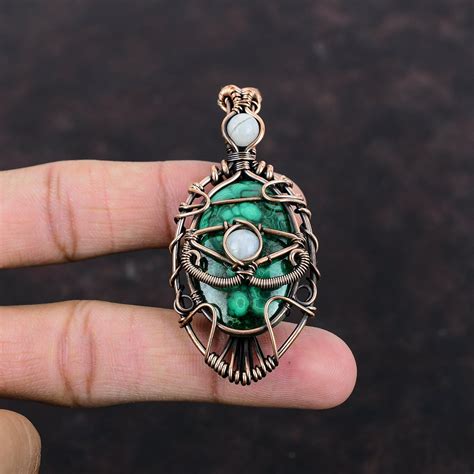 Evil Eye Malachite Pendant Copper Wire Wrapped Rainbow Moonstone
