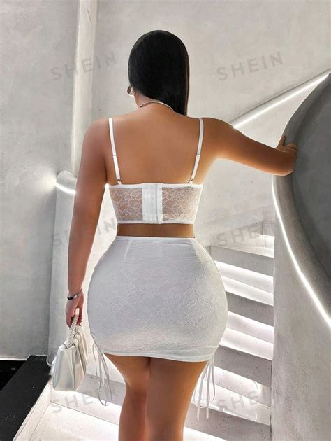 Shein Sxy Conjunto De Top Cropped E Saia De Camadas Em Tricô De Renda