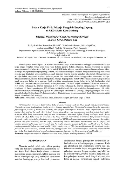 Pdf Physical Workload Of Corn Processing Workers In Sme Sofia Malang City