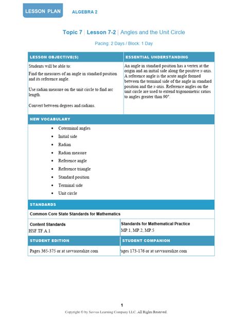 Savvas Lesson Plan 7 2 Pdf Angle Circle