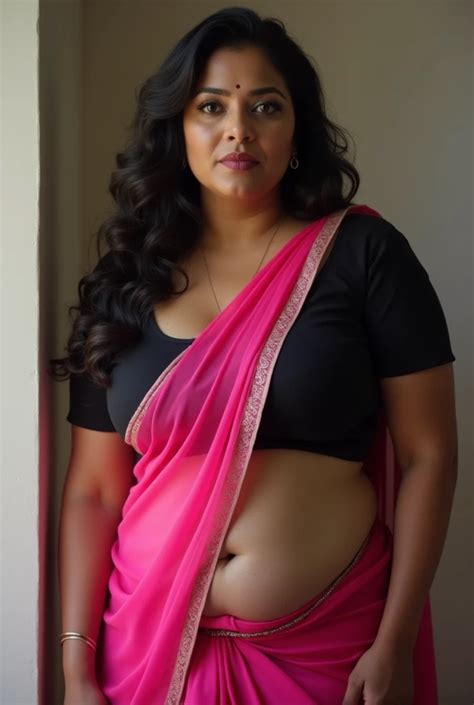 Desi Aunty With Black Blouse Pink Saree Where Her Cleavage And Navel