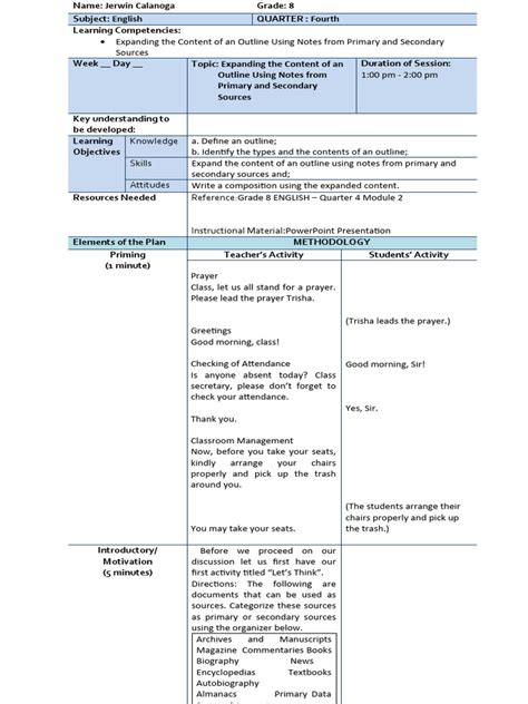 4as Lesson Plan Format Pdf Learning Lesson Plan