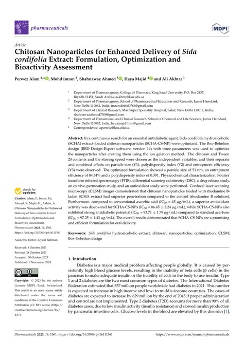 Pdf Chitosan Nanoparticles For Enhanced Delivery Of Sida Cordifolia