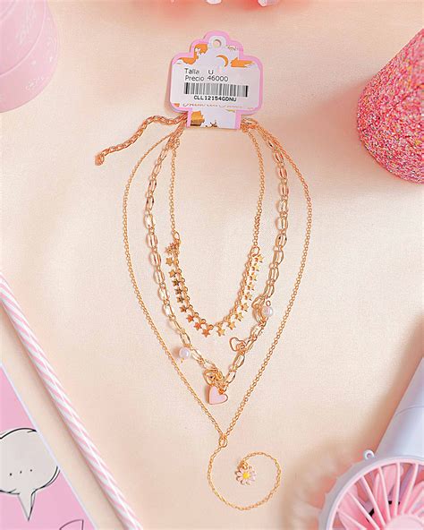 Collar Triple Estrellitas Dije Flor Pink Rose Tk