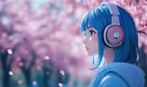 Anime Girl With Blue Hair And Headphones In Cherry Blossom Park Serene