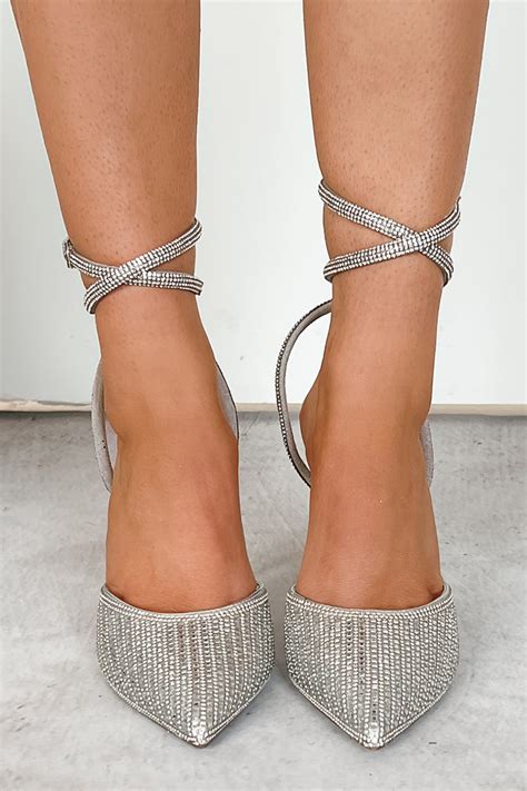 Gemma Ankle Wrap Rhinestone Heels Silver · Nanamacs