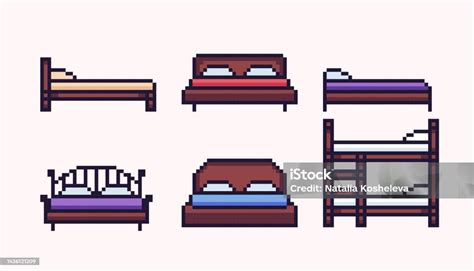 Ilustración De Mueble De Dormitorio Pixel Art Set Colección De Camas