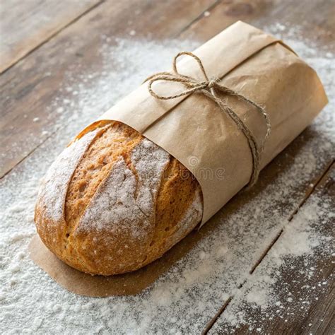 Freshly Baked Loaf Of Bread Wrapped In Craft Paper On A Table Stock