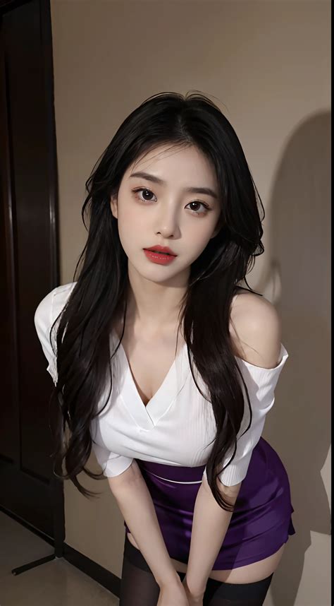 A Close Up Of A Woman In A Purple Skirt And White Shirt Seaart Ai