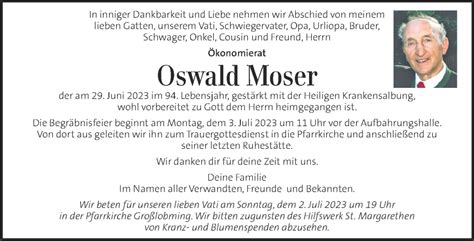 Traueranzeigen Von Oswald Moser Trauer Kleinezeitung At