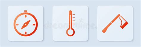 Set Meteorology Thermometer Compass And Wooden Axe White Square Button Stock Vector