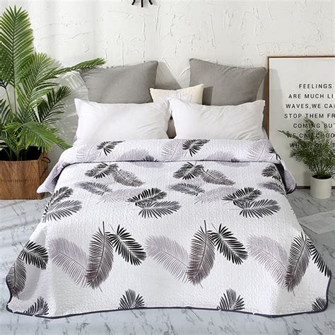 Black White Leaf Printing Polyester Cotton Bedspre Grandado