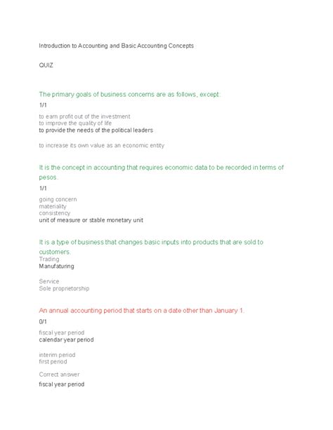 Quiz Introduction To Accounting And Basic Accounting Concepts