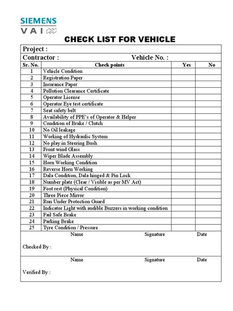 Vehicle Safety Inspection Checklist Pdf
