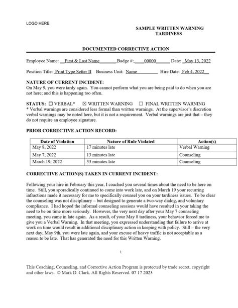 Written Warning Sample For Tardiness Corrective Action Policy