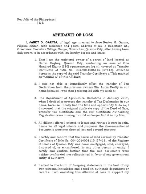 Affidavit Of Loss Deed Of Sale Affidavit Deed
