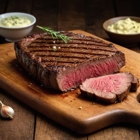 A Steak On A Cutting Board With Two Bowls Of Food Premium Ai