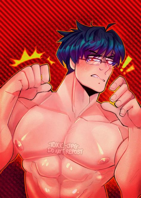 Rule 34 Background Big Pecs Blue Hair Blush Digital Drawing Artwork Disgusted Exclamation
