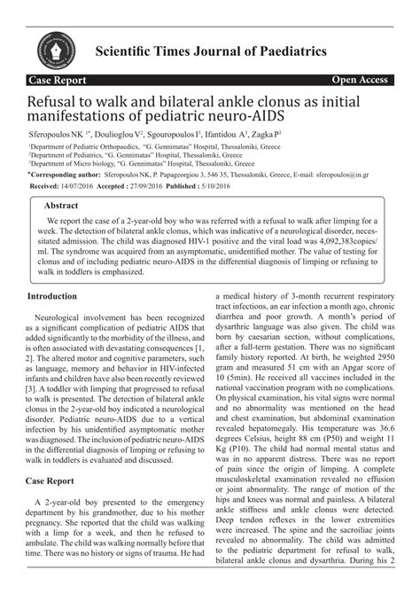 Pdf Refusal To Walk And Bilateral Ankle Clonus As Initial Manifestations Of Pediatric Neuro Aids