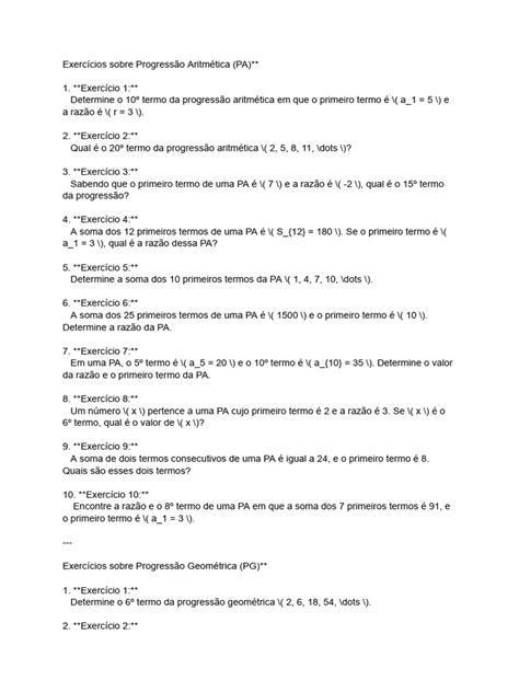 Exercícios De Pa E Pg Com Gabarito Pdf Matemática Analise Matemática