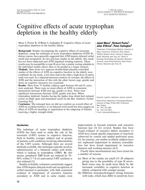 Pdf Cognitive Effects Of Acute Tryptophan Depletion In The Healthy