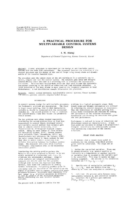 Pdf A Practical Procedure For Multivariable Control Systems Design