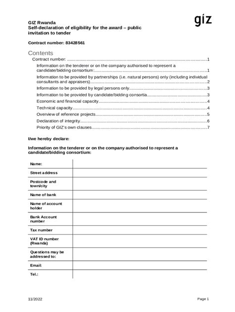 Self Declaration Of Eligibility In Public Invitations To Tender Doc Template Pdffiller