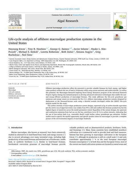 Pdf Life Cycle Analysis Of Offshore Macroalgae Production Systems In The United States
