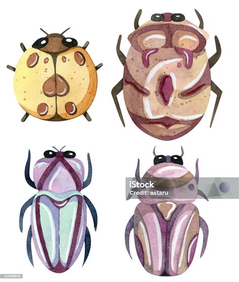 Handmålade Akvarell Tecknade Skalbaggar Roliga Färgglada Och Söta